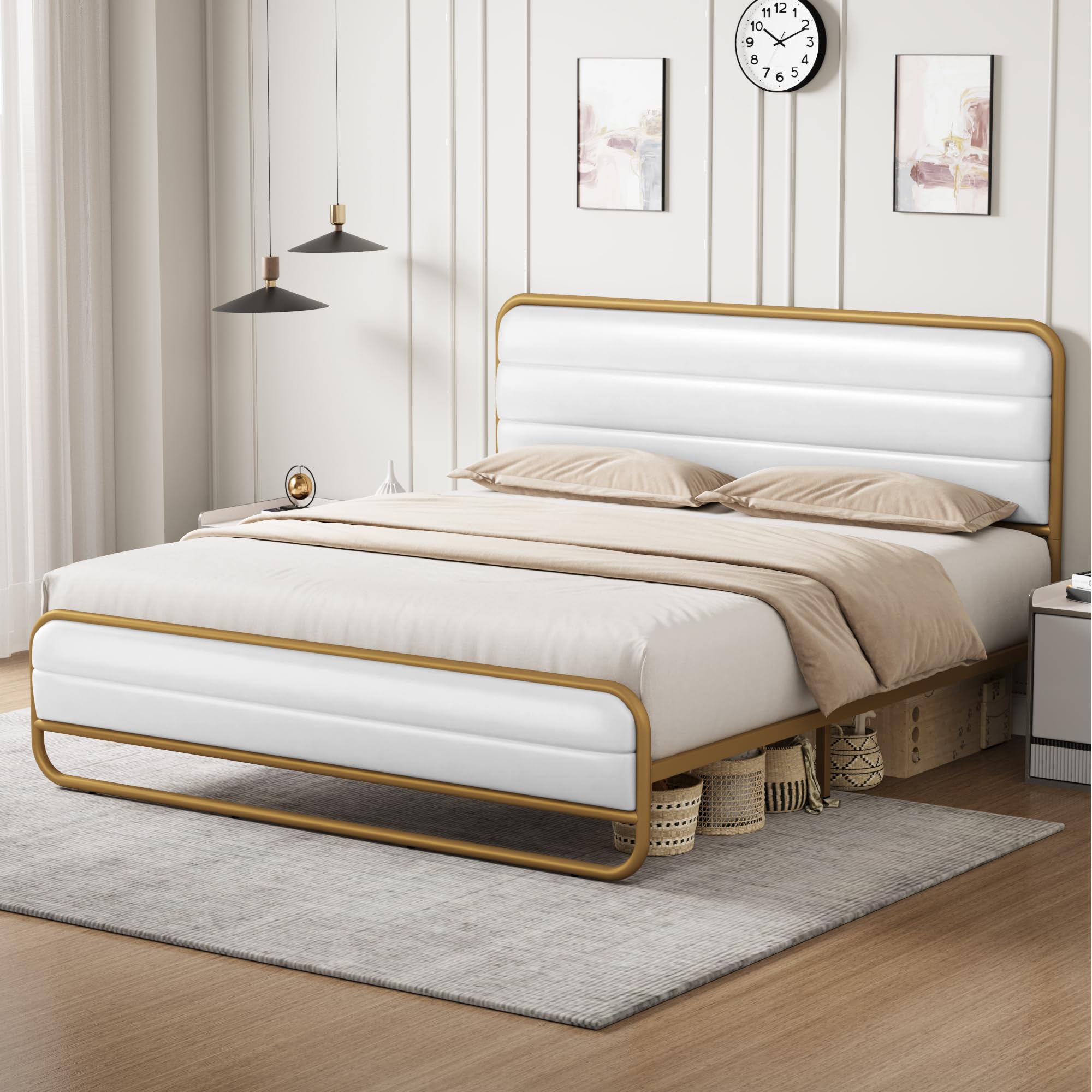 BOTLOG King Bed Frame with Headboard, PU Leather Upholstered Bed Frame with Wood Slats Support, No Box Spring Needed, Easy Assembly