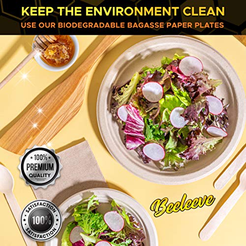 Beeleeve [125-Pack / 10-Inch 100% Compostable Disposable Round Bagasse Paper Plates - Biodegradable Sugarcane Fibre - Strong Heavy Duty Rigid Design - Sustainable & Food-Grade - White