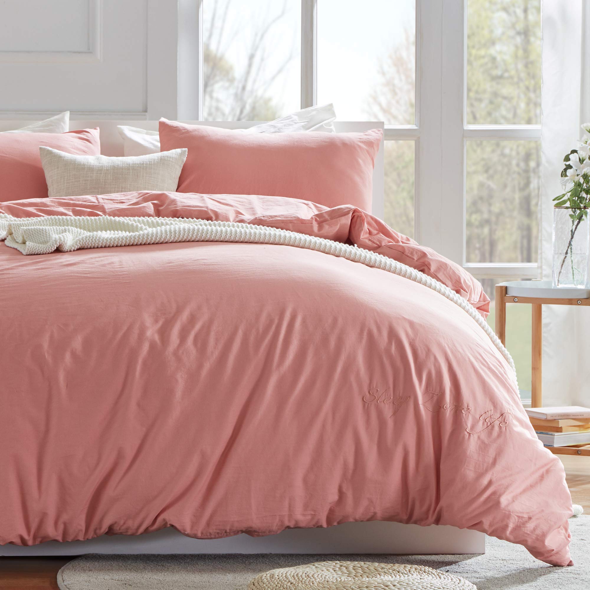 COTTONNEST 100% Washed Cotton Duvet Cover King Size -Soft Breathable Comforter Cover with Zipper Closure, Rosette