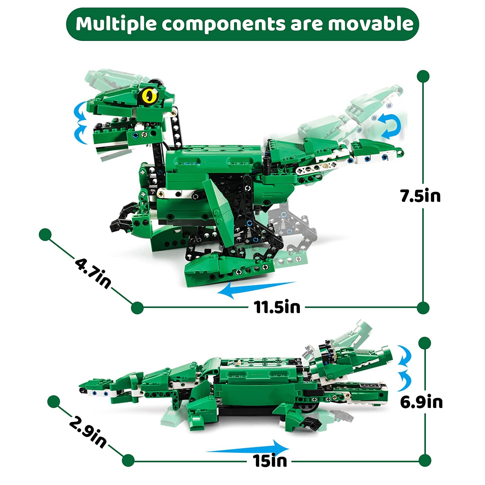 QLT Dinosaur Building Toy, Compatible with Lego, Moved by Gesture or Voice Control, STEM Building Kit Best Gift for Jurassic Lovers Age 8 9 10 11 12+