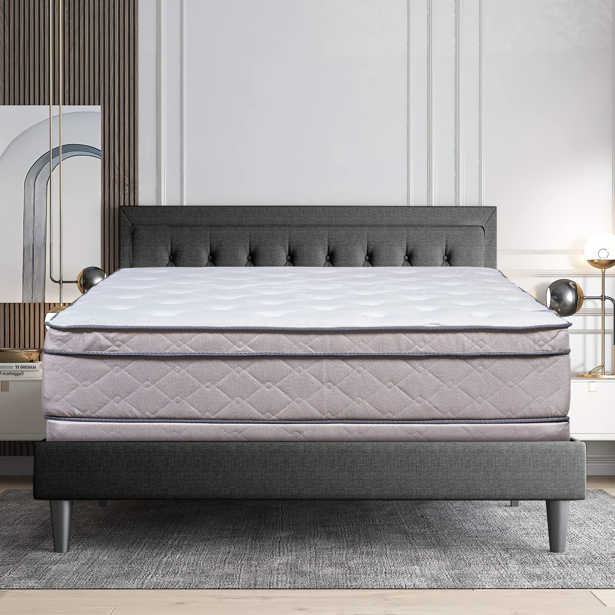 Mattress Comfort, 13-Inch Soft Foam Encased Hybrid Eurotop Pillowtop Memory Foam Gel Innerspring Mattress & 4" Wood Box Spring Set, Full XL