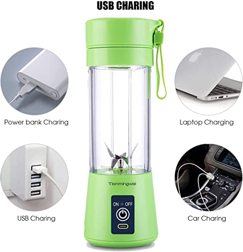 Tianmingwei Portable Blender Personal 6 Blades Juicer Cup Household Fruit Mixer with Magnetic Secure Switch USB Charger Cable 400ml (Green)