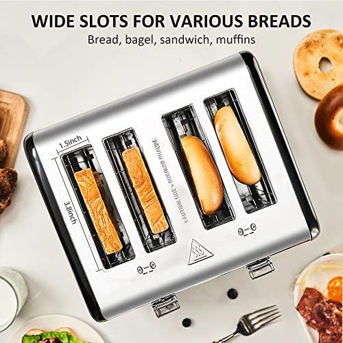 REDMOND Toaster 4 Slice Stainless Steel, Wide Slots 4 Slice Toaster with Bagel Defrost Cancel Function 6 Bread Shade Settings for Bread waffles Auto Shutoff Black