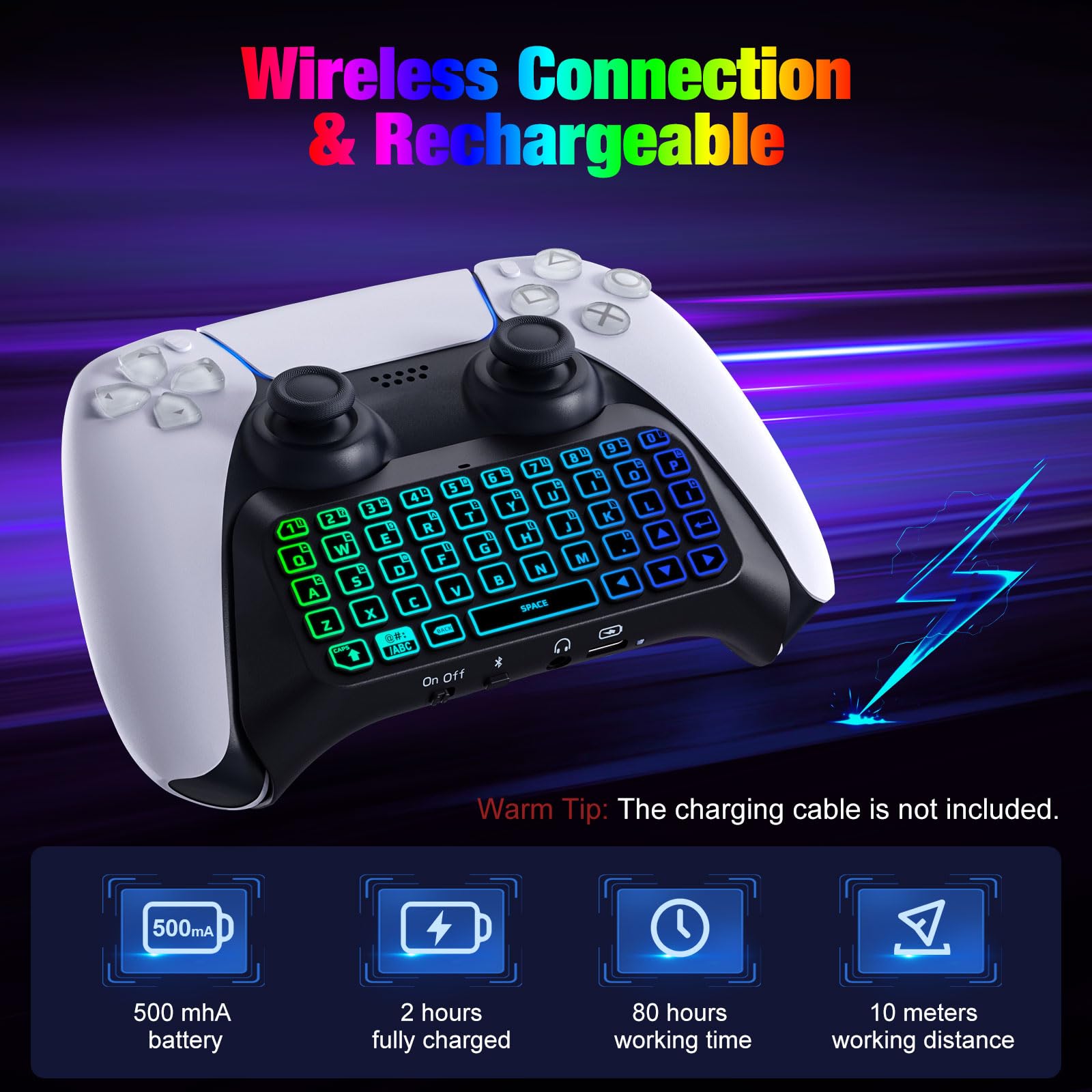 MoKo Keyboard for PS5 Controller with Green Backlight, Bluetooth Wireless Mini Keypad Chatpad for PlayStation 5, Built-in Speaker & 3.5mm Audio Jack for PS5 Controller Accessories, Gray