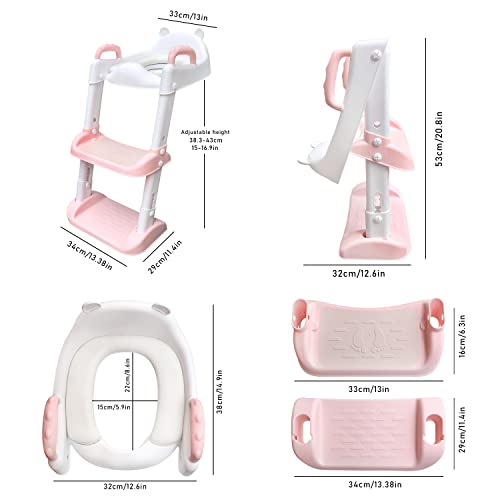 Potty Training Seat with Step Stool Ladder for Kids, Anti-Slip and Detachable Soft Pad, Toddler Toilet Training Seat with Height Adjustable Wide Steps and Safety Handles - Pink