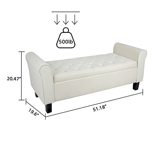 Babion Storage Bench End of Bed, Velvet Ottoman Bench with Storage and Arms, Upholstered Fabric Storage Ottoman Bench with Button Tufted, Storage Bench for Bedroom Living Room(White)