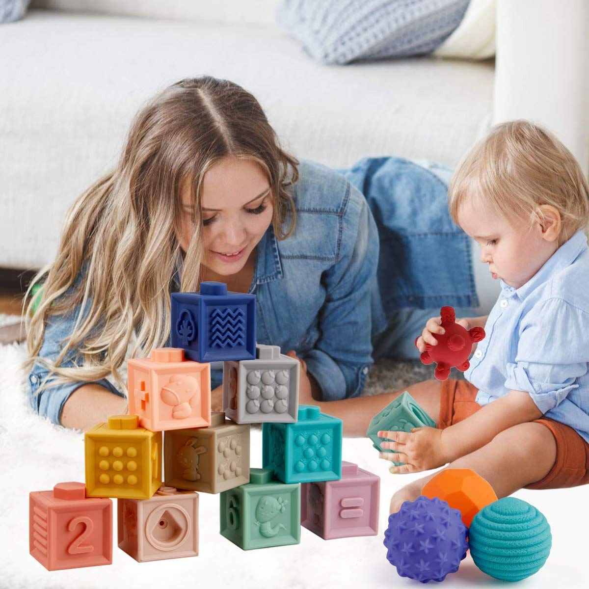 BOBXIN Baby Stacking Building Soft Block Toys, Infant Shape Sorter with Sensory Texture, Educational Learning Toy for Play Matching & Threading Game, Silicone Teething Toys for Babies 6-12 Months