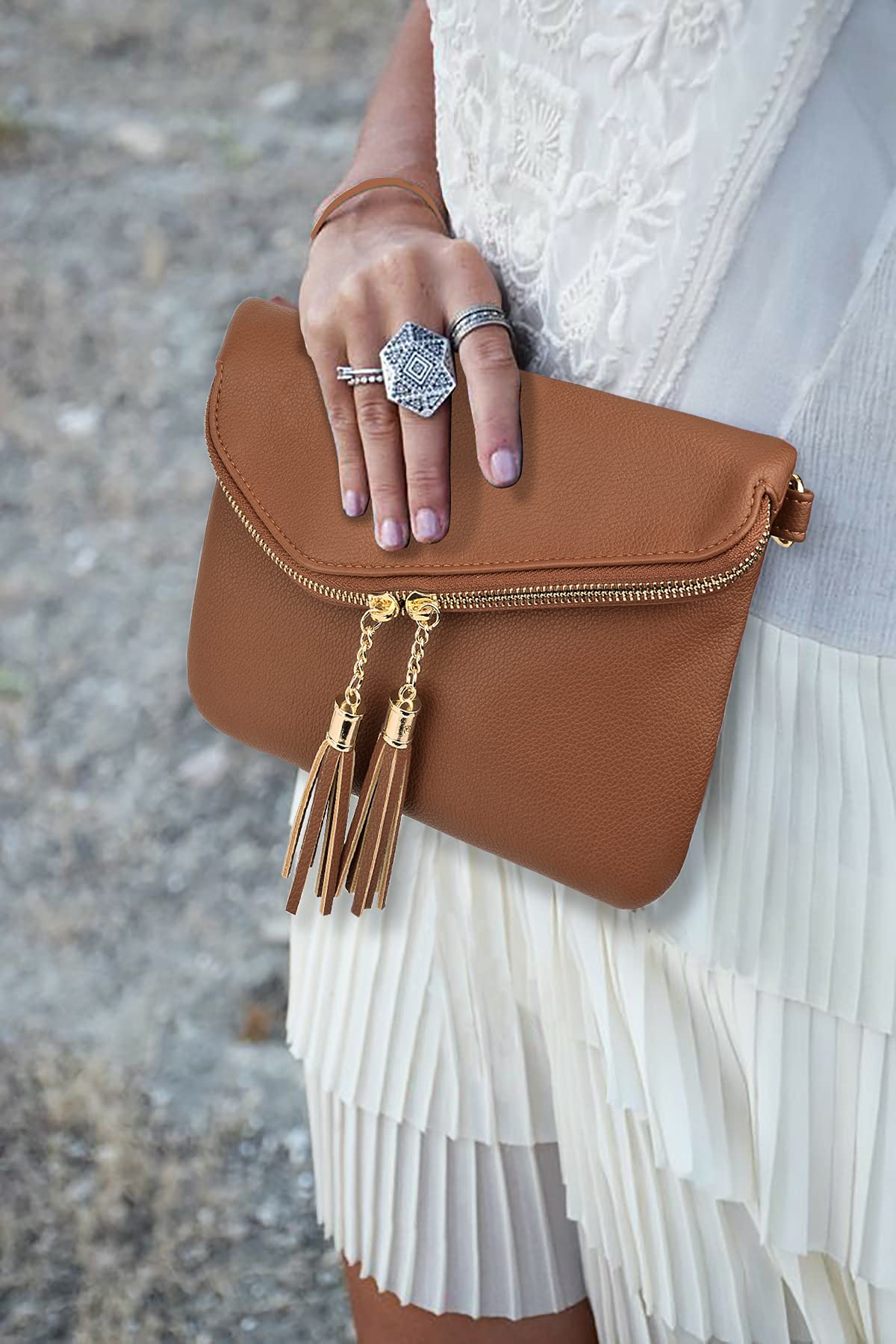 UTO Envelope Wristlet Clutch Crossbody Bag for Women Double Tassel Cellphone Trendy Purse with Strap and Zip Pocket Light Pink