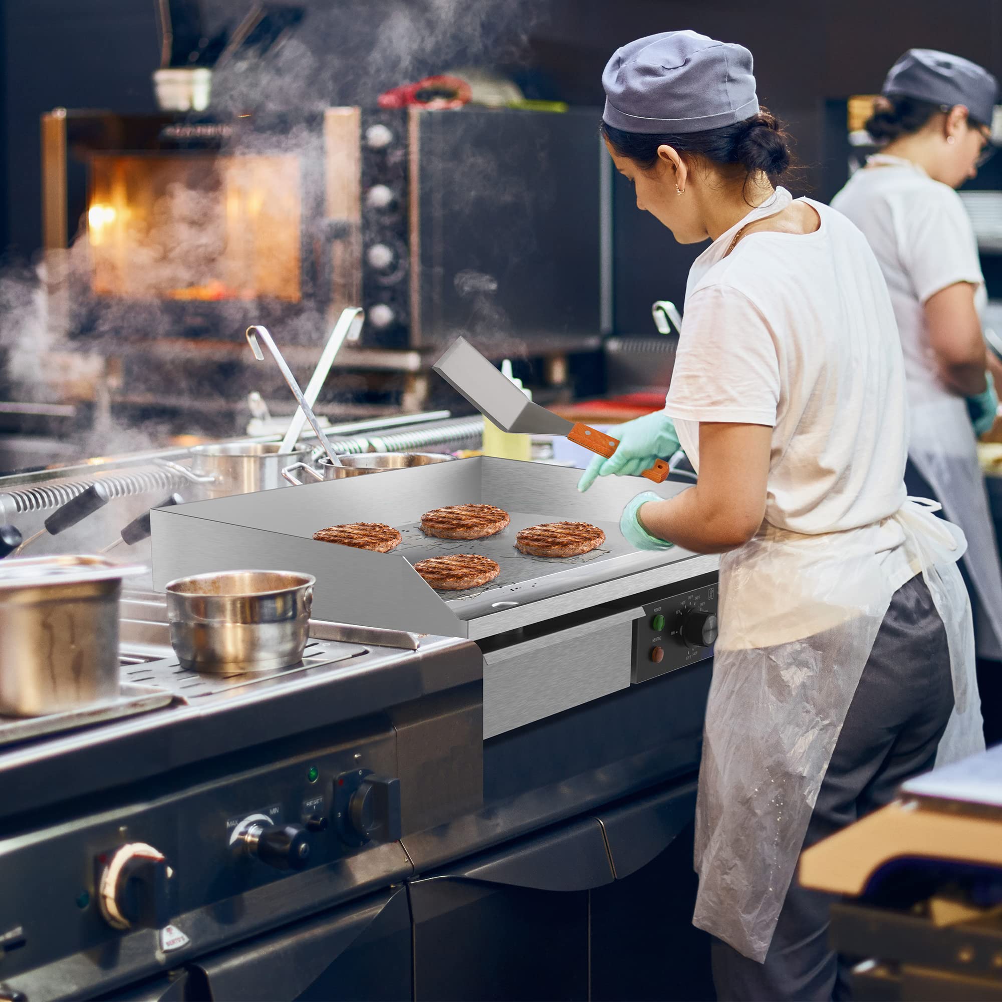 Commercial Griddle 22" Commercial Electric Griddle 220V 3000W Non-Stick Countertop Flat Top Griddle Stainless Steel Grill with Shovels Adjustable Temperature Control 90°F-575°F (22'')