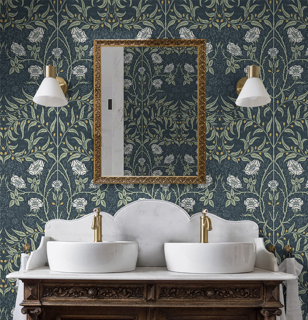 NextWall Stenciled Floral Peel and Stick Wallpaper (Navy & Sage)