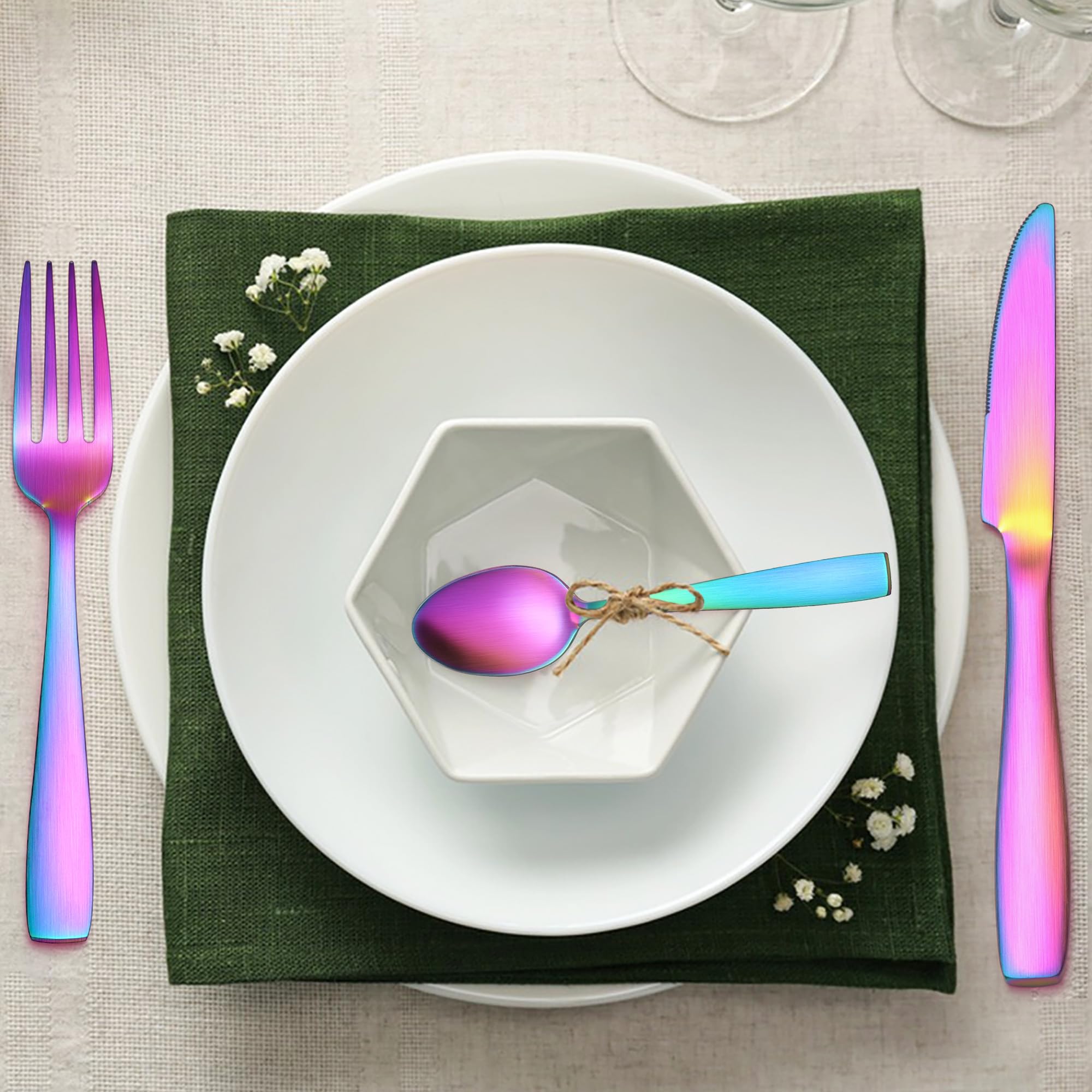 E-far 20-Piece Matte Rainbow Silverware Set, Stainless Steel Flatware Set for 4, Colorful Cutlery Set Include Forks Spoons and Knives for Kitchen Home Restaurant, Satin Finish & Square Edge Handle