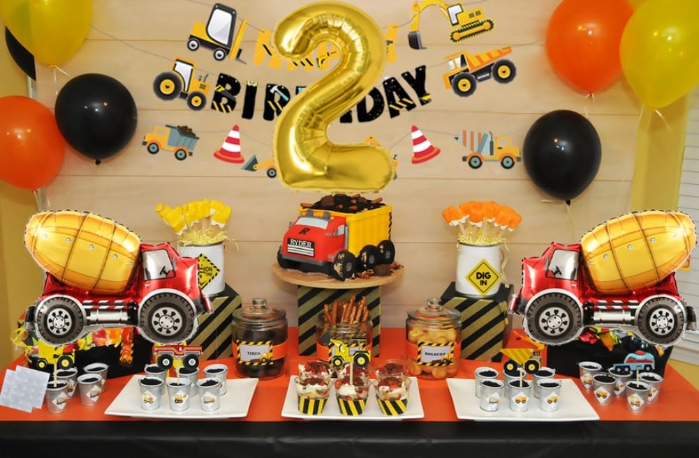 Construction 2nd Birthday Party Supplies Dump Truck Party Decorations Kits Set for Kids Two Years Old Birthday with Cake Toppers Balloons Banners Signs
