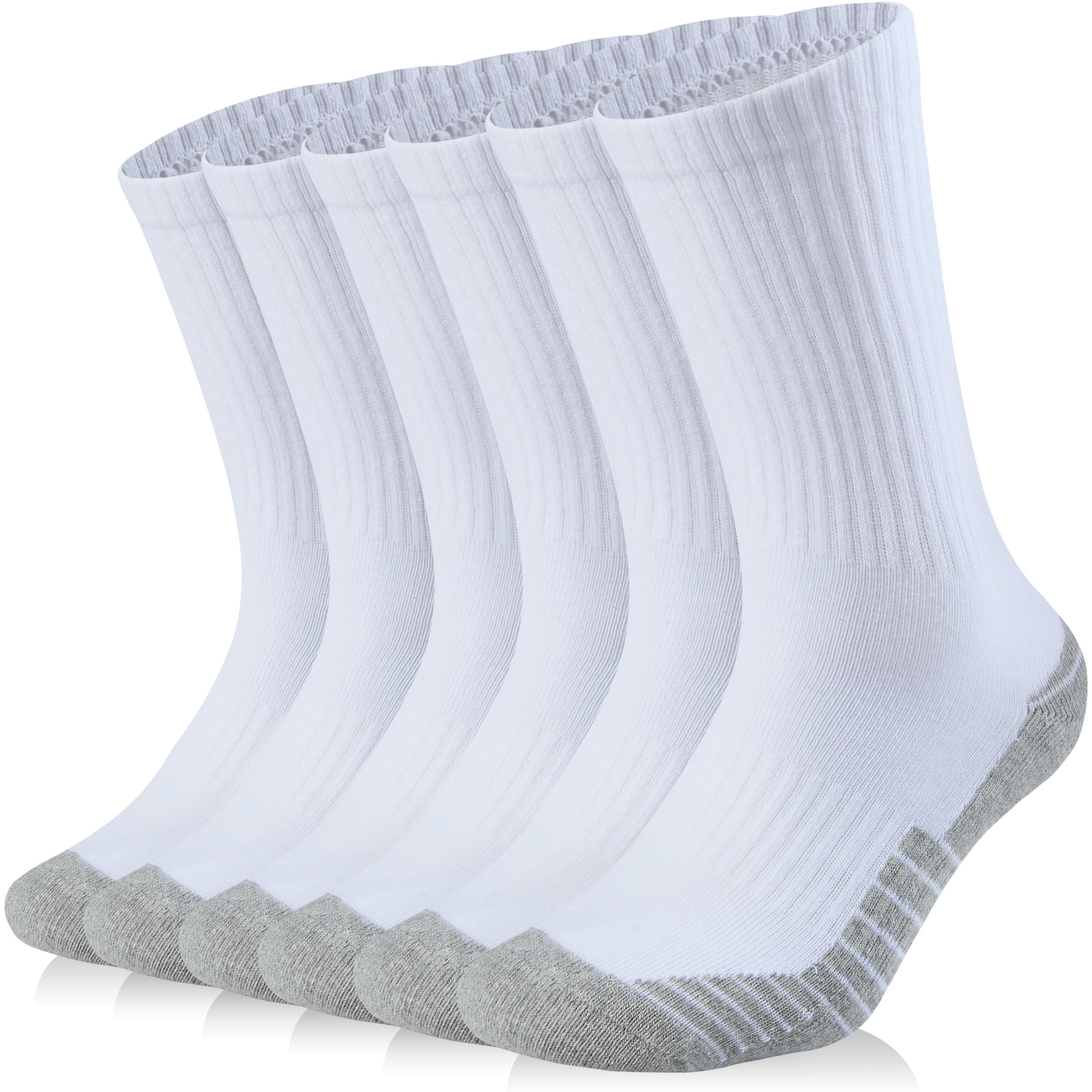 Begrily Men's Cotton Athletic Cushioned Crew Socks with Arch Compression Performance for Running Exercise Hiking 6 Pack White
