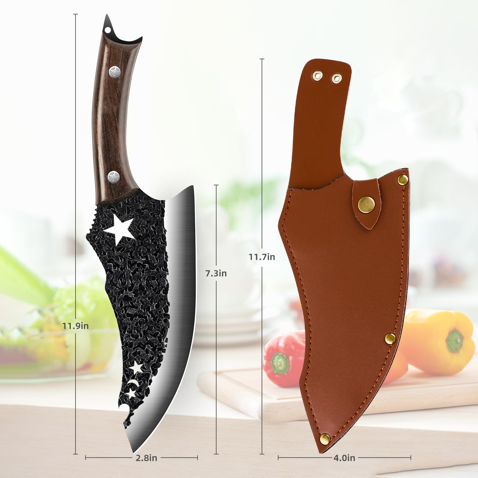 Meat Cleaver Sharp Chef Knife for Butcher Knife with Ergonomic Handle Viking Knife with Opener & Sheath for Kitchen BBQ Camping Outdoor