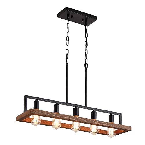 Fivess Lighting 5-Light Rustic Wood Kitchen Island Lighting,Oak Wood and Metal Linear Chandelier,Retro Industrial Pendant Light Fixture for Kitchen Island Dining Room Farmhouse,Black