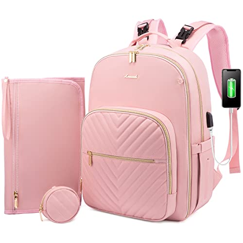 LOVEVOOK Diaper Bag Backpack, Quilted Baby Bag with Changing Pad & Pacifier Holder, Waterproof Travel Diaper Bags with USB Charging Port for Baby Boys Girls, Stylish and Large Capacity,Pink
