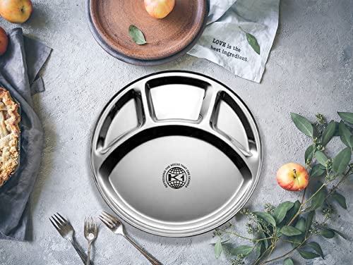 King International Stainless Steel Plates, Divided Indian Dinner Plate,Four Section Round Plates Set Of 4, 12'', Section Control Plate, Kids Plate, Indian Thali Plate