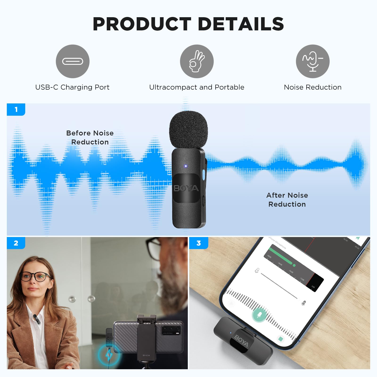 BOYA Dual Wireless Lavalier Lapel Microphone for Android SmartPhone Laptop - Omnidirectional USB C Condenser Video Recording Mic for Interview Podcast Vlog YouTube Live Stream (TX+TX+RX)