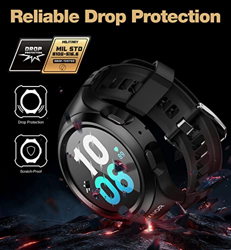 Dexnor for Galaxy Watch 4,Galaxy Watch 5 Case with Band 44mm,[Built-in Adjustable Band & Screen Protector] Rugged Military Grade Shockproof Cover with Band for Samsung Watch 4/5-44mm Women Men-Black