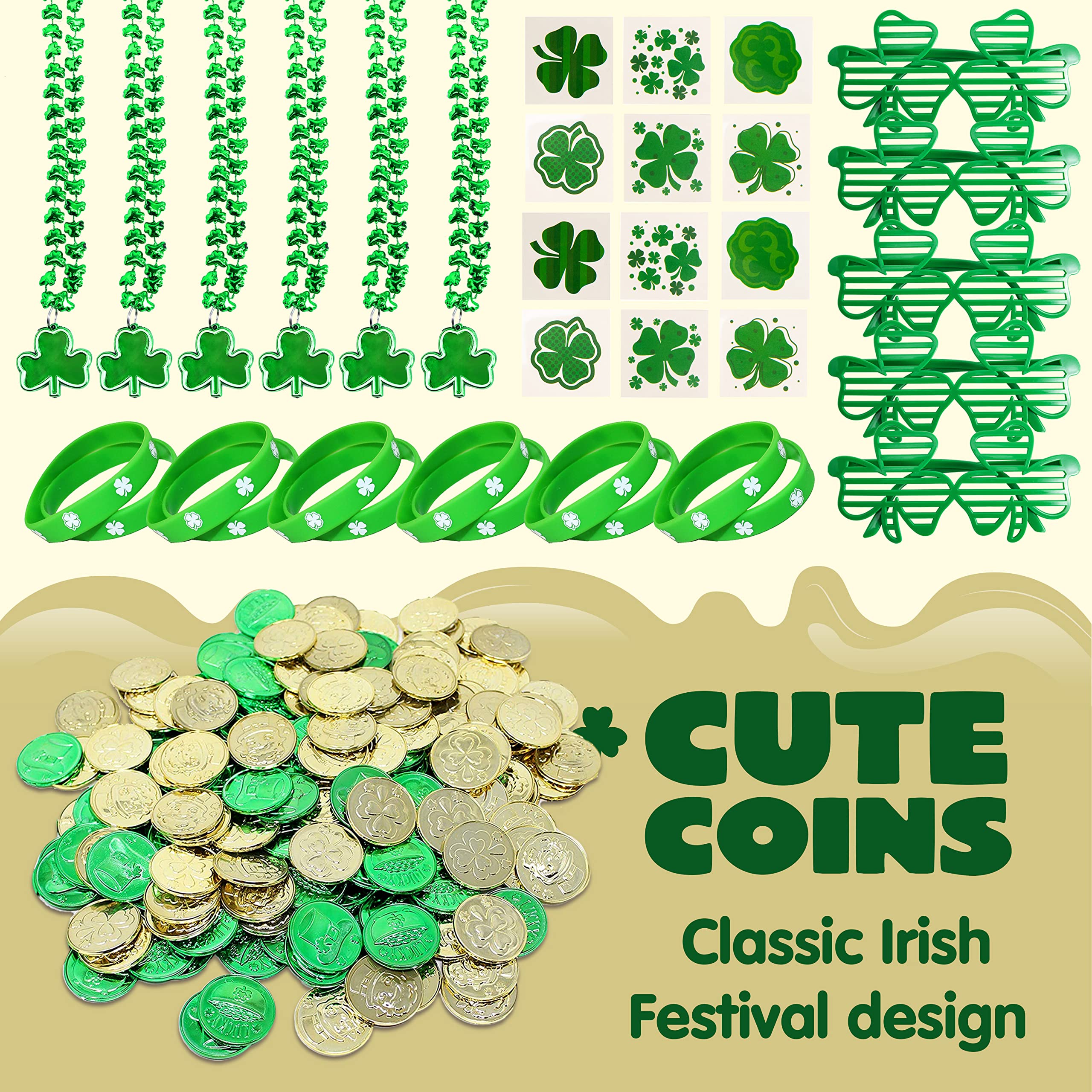 JOYIN 156 Pcs St. Patrick's Day Party Favor Set, 6 Necklaces 6 Eyeglasses 12 Bracelets 72 Temporary Tattoos 12 PCS Mustache 48 Plastic Coins St Patricks Day Accessories