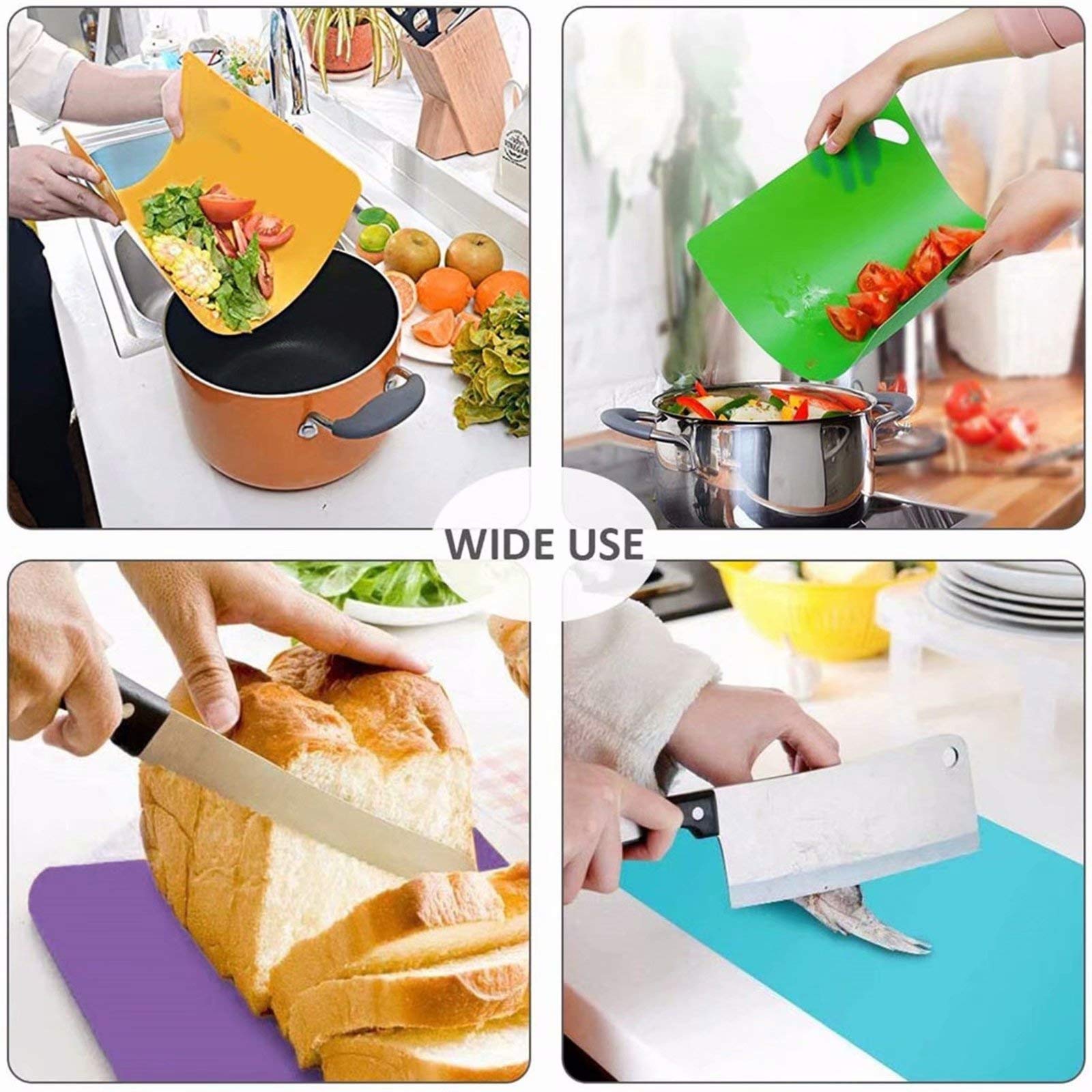 Bedoo, Extra Thick Flexible Plastic Kitchen Cutting Board, Set of 6 Mats With Food Icons & Easy-Grip Handles, BPA-Free, 12 x 15in, 6 colors set