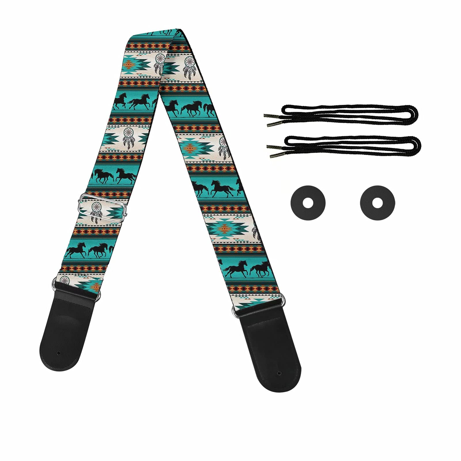 SEANATIVE Boho Horse Turquoise Aztec Print Guitar Straps with Pick Pocket Electric Acoustic Guitars Musical Accessories