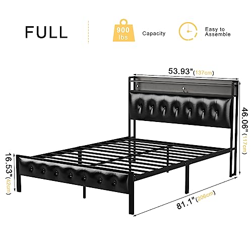 HAUSOURCE Full Bed Frame with Storage Headboard & Footboard Upholstered Platform Bed with LED Lights USB Ports & Outlets No Box Spring Needed