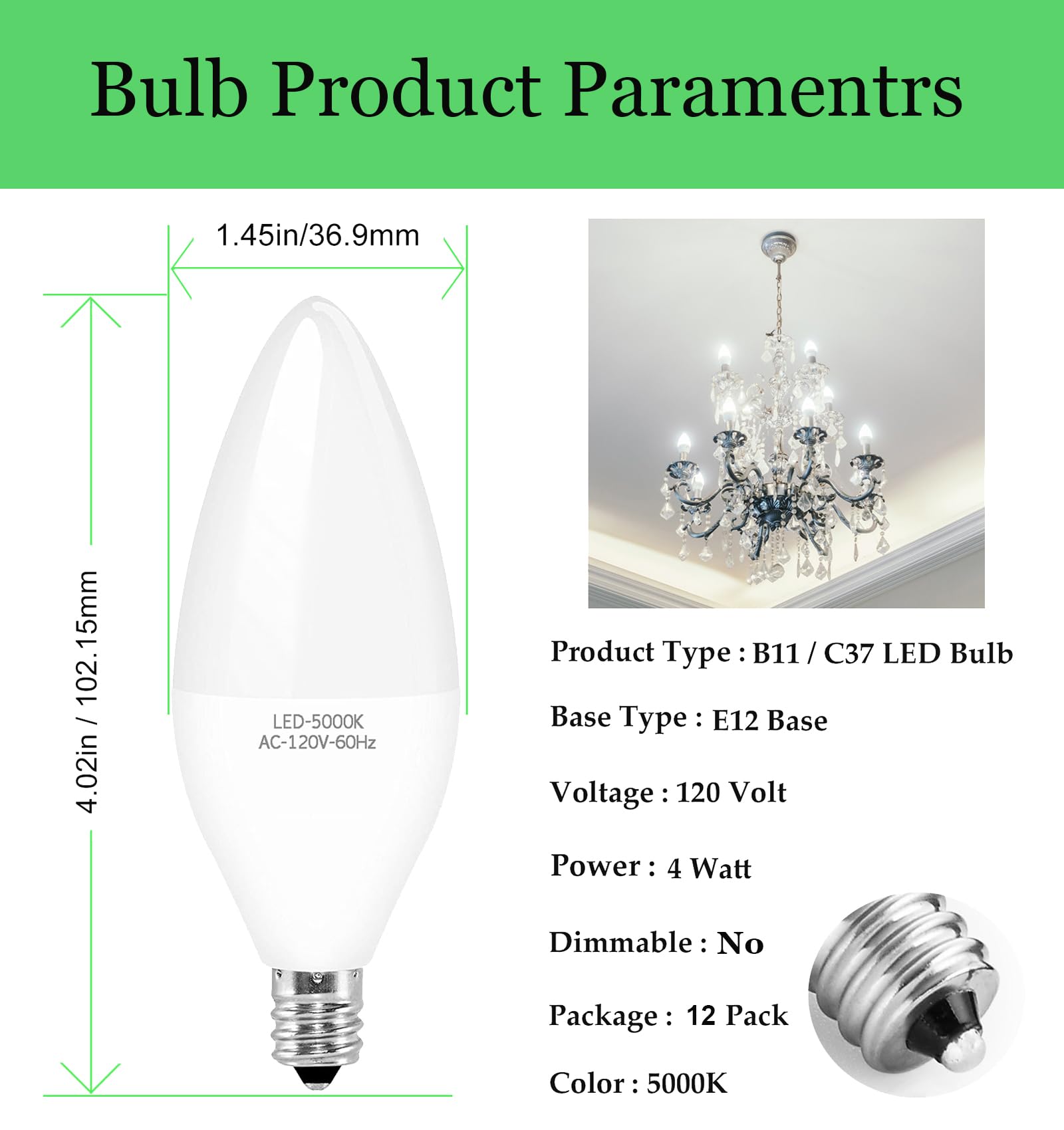E12 Candelabra LED Light Bulbs - Equivalent 40W Candle Bulbs, 5W LED Chandelier Light Bulbs, B11 & C37 E12 LED Bulb Daylight (5000K), 450 Lumens, Pack of 12