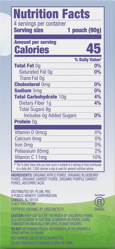 Plum Organics Applesauce, Blueberry & Carrot, 3.17 Oz, 4 Ct