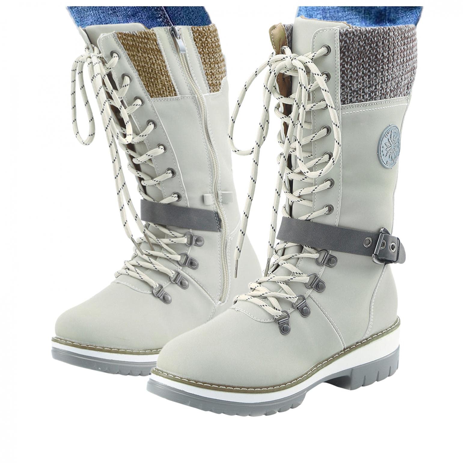 Padaleks Women's Mid Calf Winter Snow Boots Comfortable Outdoor Anti-Slip Combat Booties Lace Up Warm Fur Lined