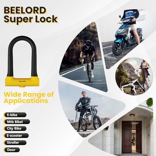 BEELORD Bike U-Lock, Heavy Duty Anti-Theft Bicycle U Lock, 18mm Shackle with Keys, Security Lock for Bicycles, E-Bikes, Scooters