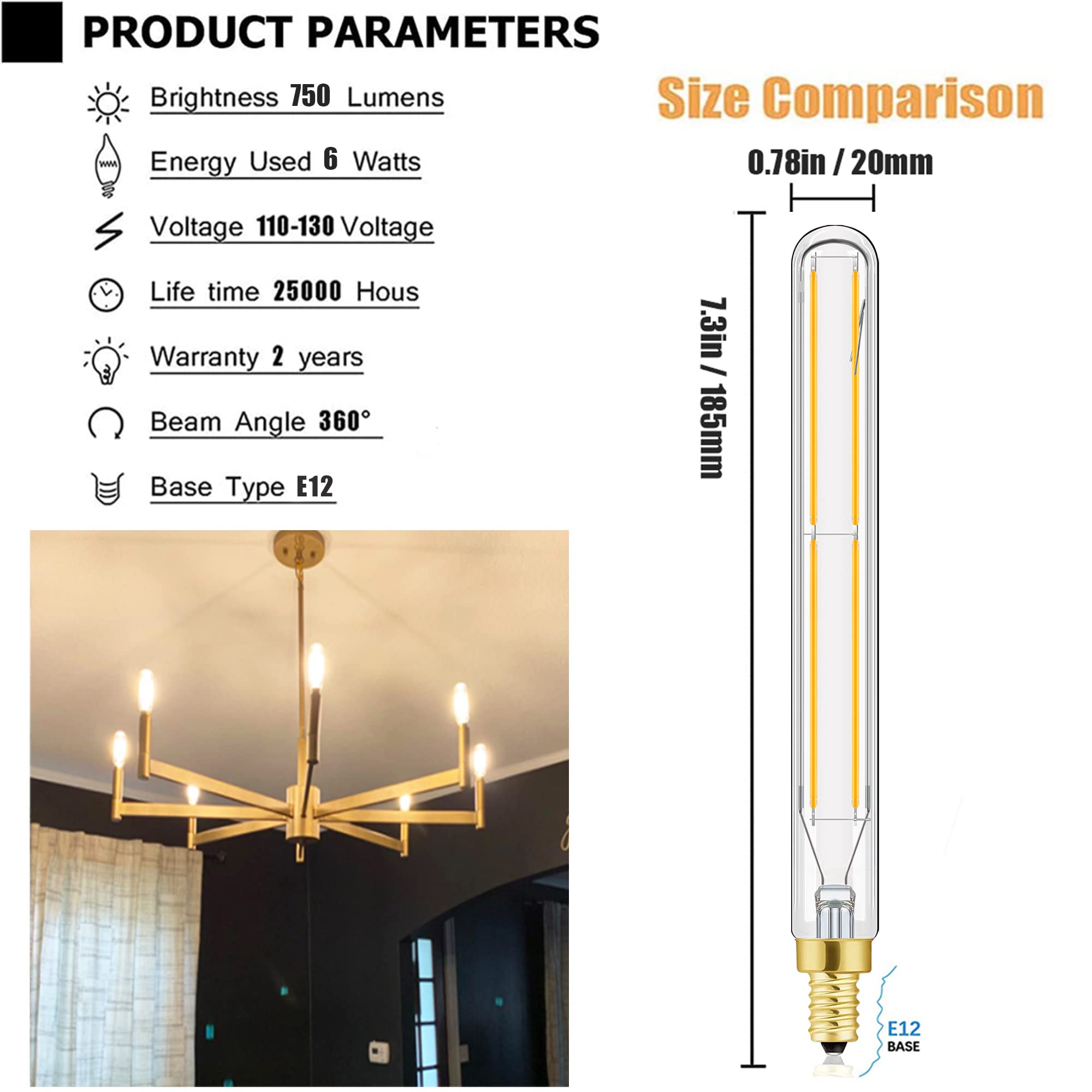 E12 Long Tubular Light Bulbs,6W Led Edison Bulbs Soft White 3000K,750lm,7.3Inch,75Watt Candelabra Incandescent Bulbs Equivalent Vintage LED Filament Edison Candle Bulbs,6Pack.