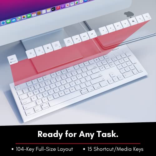 Macally Full Size USB Wired Keyboard for Mac and PC - Plug & Play Wired Computer Keyboard - Compatible Apple Keyboard with 15 Shortcut Keys for Easy Controls & Navigation of Macbook Pro/Air, iMac
