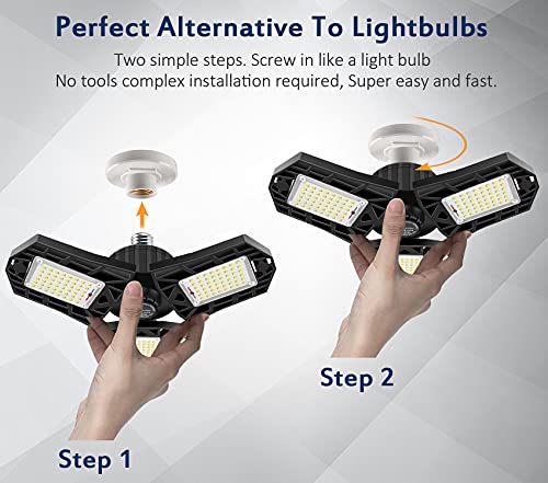 GHUSTAR 2-Pack LED Garage Light 60W Garage Lighting - 6000LM 6500K LED Deformable Garage Ceiling Lights, LED Shop Light with Adjustable Multi-Position Panels, LED Glow Light for Garage, Workshop