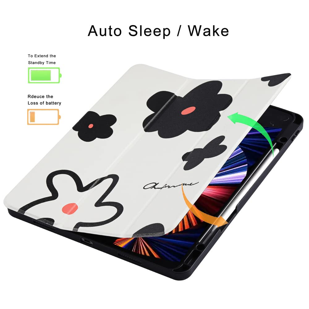 Compatible with iPad Air 4/5 Case with Pencil Holder Cute Flower Design for iPad Pro 11 inch Protective Cover Leather Silicone Shockproof Cases for Apple iPad Air 4/5 10.9 inch - White