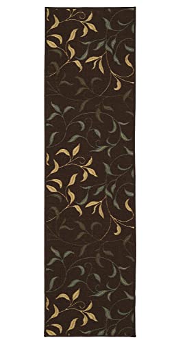 Machine Washable Leaves Design Non-Slip Rubberback 3x10 Traditional Runner Rug for Hallway, Kitchen, Bedroom, Living Room, 2'7" x 9'10", Brown
