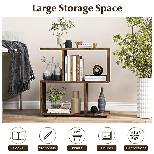 Giantex 3-Tier Geometric Bookshelf, 24" Tall Wood S-Shaped Display Shelves with Thick Foot Pads, Freestanding Open Shelves Nightstand, Floor Standing Display Shelf Bookcase, Brown