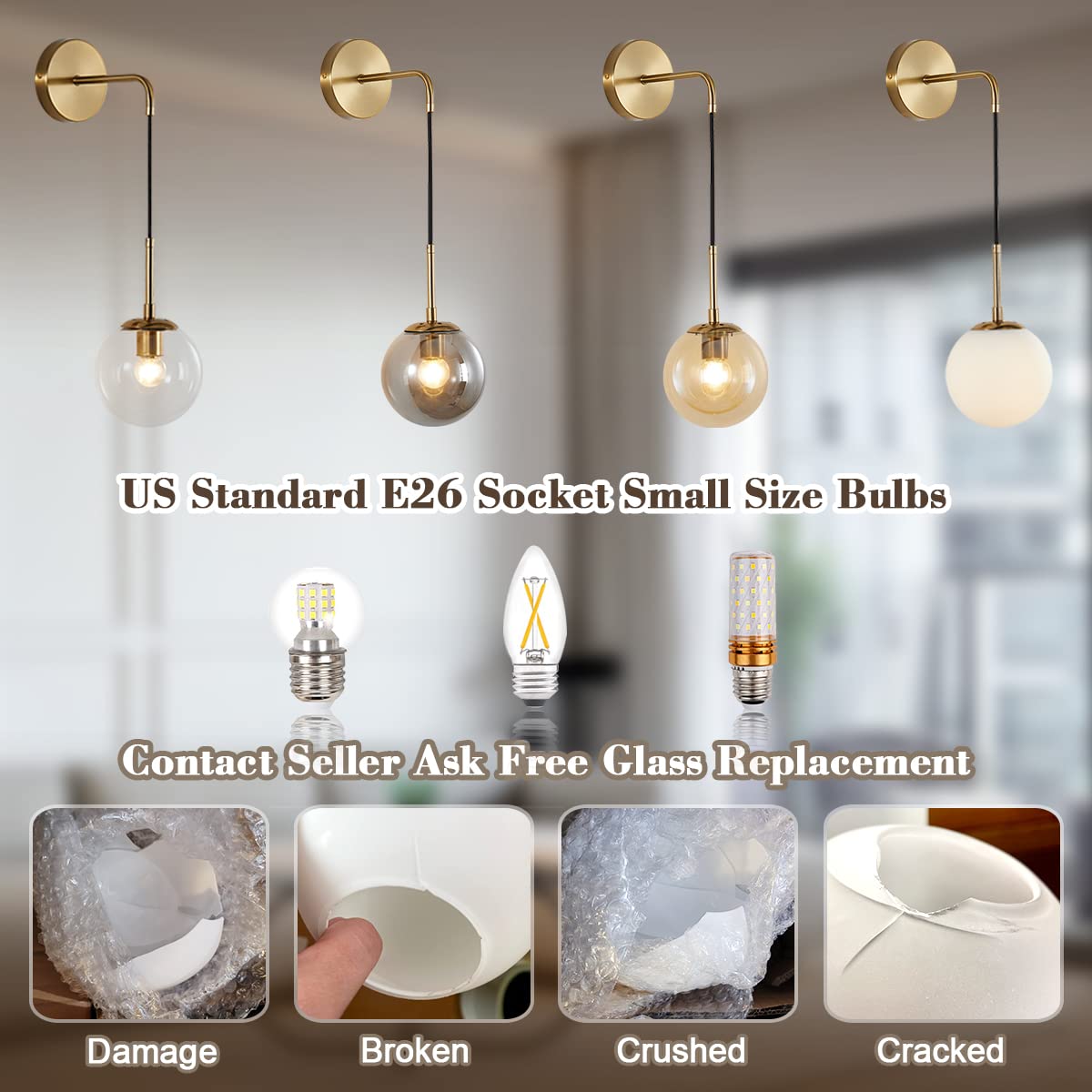 BOKT Mid Century Modern Globe Wall Sconce Lighting Brushed Brass Gold Bathroom Wall Light Clear Bubble Glass Ball Wall Light Fixture Lamp Bedroom Bedside Wall Light (Gold+Clear)