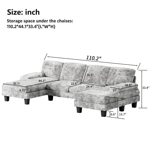 Flamaker Convertible Sectional Sofa Couch, Modern Fabric U-Shaped Living Room Furniture Set, 4-Seat Sectional Sleeper Sofa with Double Chaise & Memory Foam (Grey)
