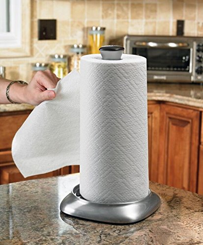Polder Deluxe Single Tear Paper Towel Holder – Sturdy, One-Handed Tear, Fits Standard or Jumbo-Sized Rolls – ¼ Turn Cap Removal for Easy Roll Replenishment, Stable Wide Base, Brushed Stainless Steel