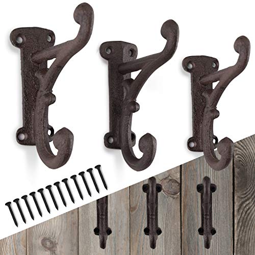 Rustic Cast Iron Coat Hooks (3 Pack) Wall Mounted Farmhouse Decorative Wall Hooks, Vintage Hooks for Hanging Coats, Bags, Hats, Towels (Rustic Dark Brown Patina, Includes Hardware)