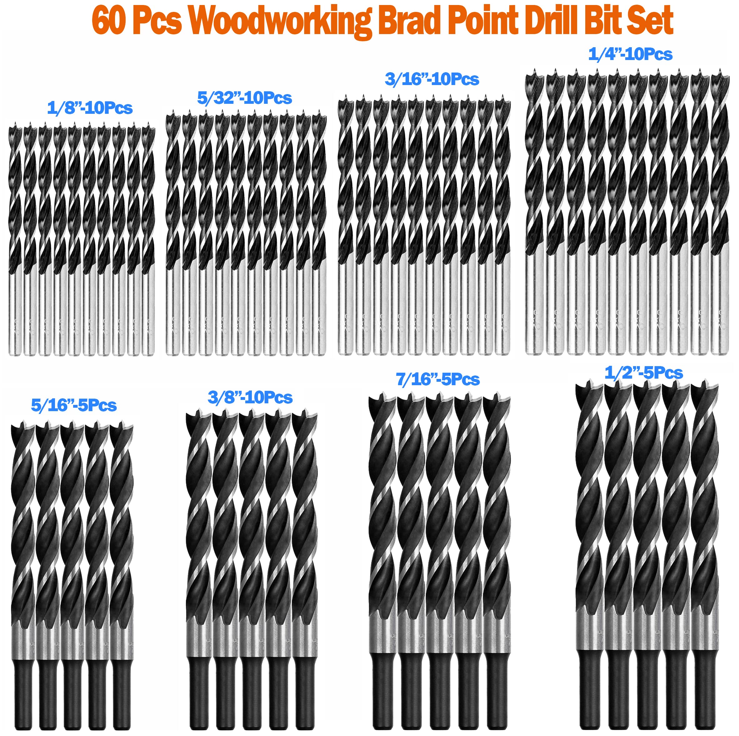 Brad Point Woodworking 60Pcs Drill Bit Set Drill for Hardwood Softwood