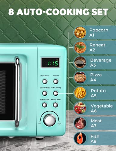 Retro Microwave Oven, SIMOE Small Countertop Microwave 0.7 cu. ft. 700W with 8 Preset Cooking Options (Mint Green)
