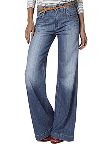 Flamingals Wide Leg Jeans for Women Stretch Mid Waist Baggy Jeans Boot Cut Jeans Denim Pants Without Belt Mid Blue XL