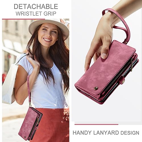 phone flip case Wallet Case Compatible with Samsung Galaxy Z Fold 5,2 in 1 Detachable Premium Leather Magnetic Zipper Pouch Wristlet Flip Phone Case,Matte Soft Leather+TPU Bottom Shell Case W Card Hol