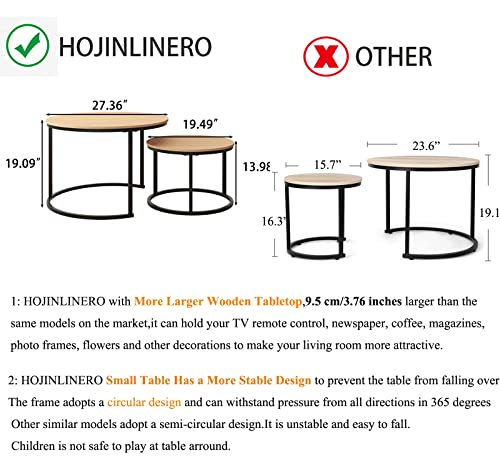 HOJINLINERO Industrial Round Coffee Table Set of 2 End Table for Living Room,Stacking Side Tables, Sturdy and Easy Assembly,Wood Look Accent Furniture with Metal Frame,Black+Teak Oak…