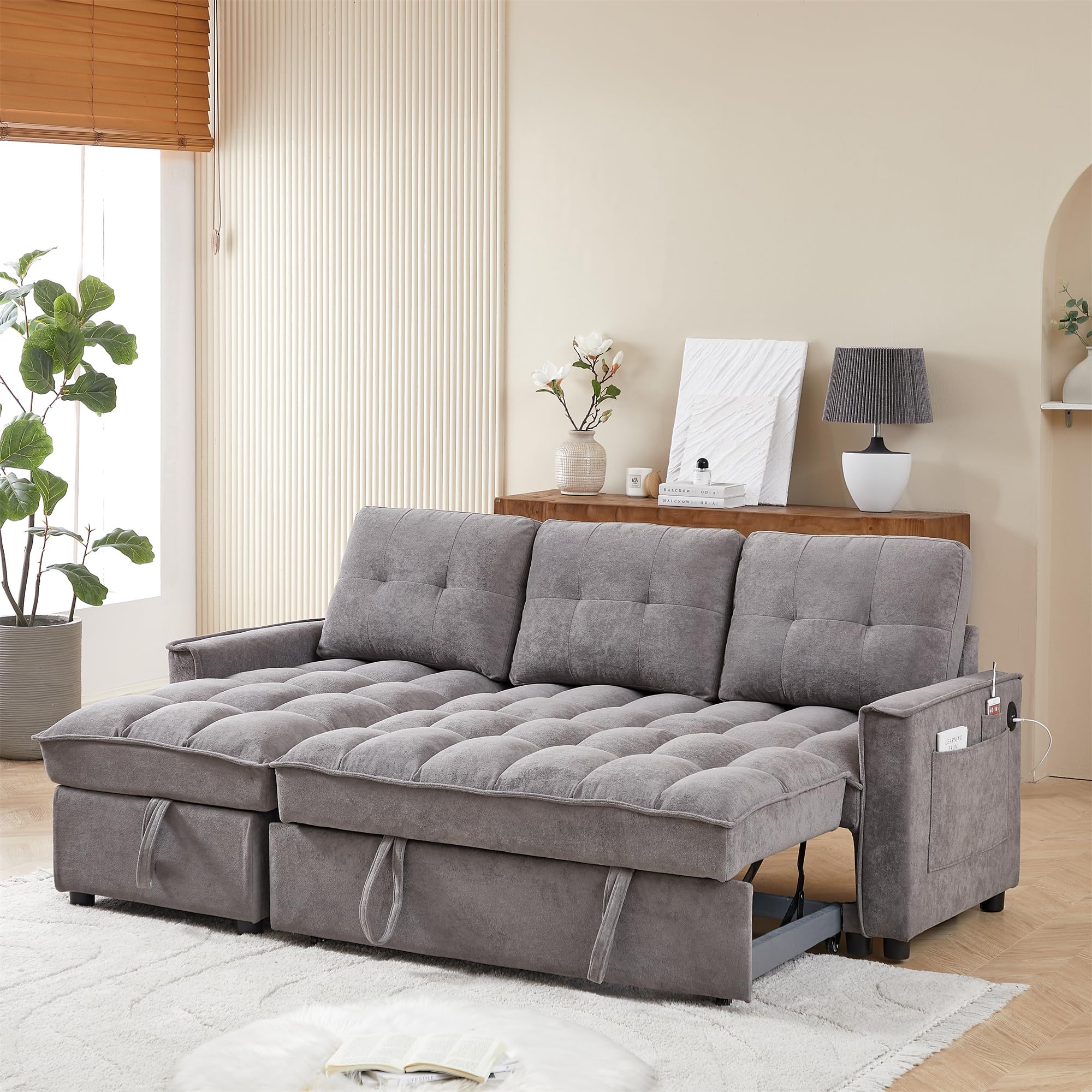 Convertible Chair Bed, 3 in 1 Convertible Sofa Bed Sleeper Sofa with Storage Chaise & Side Pocket, Built-in Charging Station, L-Shaped Couch in Chenille, Pull Out Sofa Bed Couch for Living Room, Beige