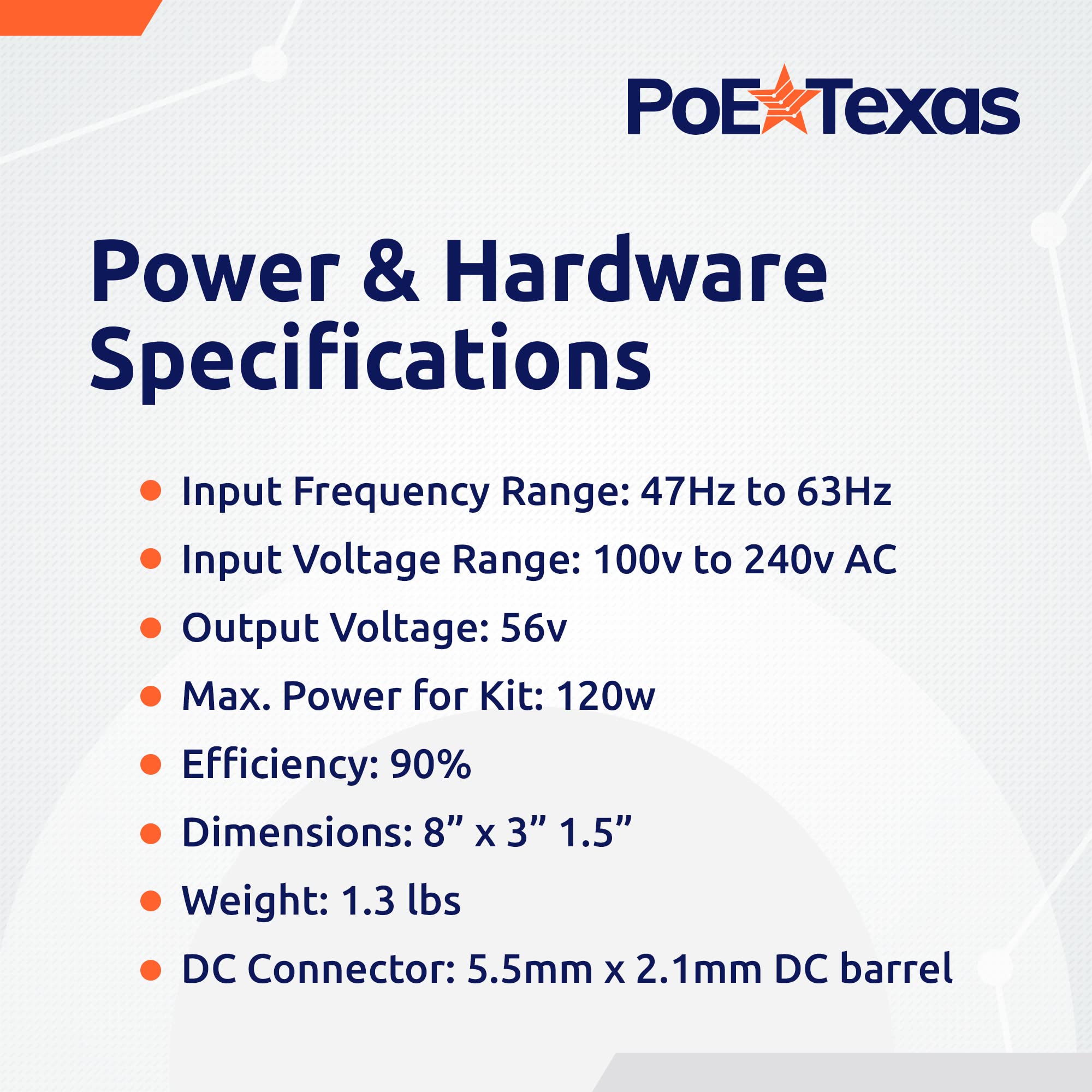 PoE Texas 56v 120w PoE Compatible Power Supply with Wall Mounting Tabs - Easy Installation for Long Distance Power Over Ethernet Network Switch, Injector, Adapter, Extender, 802.3af, 802.3at Devices