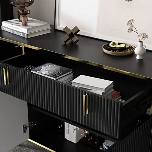 FAMAPY Modern Credenza Sideboard Buffet with Drawer & Pop-Up Doors, Buffet Sideboard Storage Cabinet with Black Metal Legs, for Living Room Hallway Black and Gold (63”W x 15.7”D x 31.5”H)