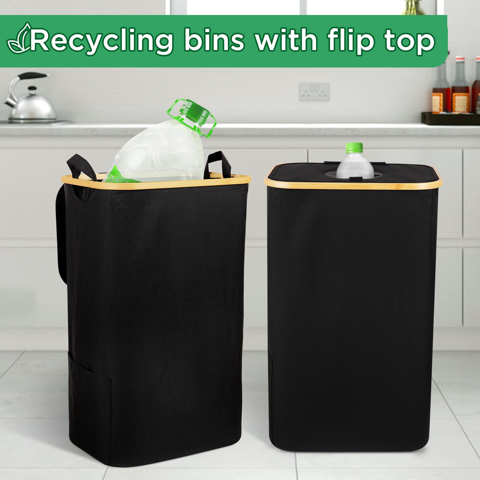 BEAUTIFABLE Recycling Bin for Kitchen, 26 Gallon Indoor Large Recycle Bin with Lid and 2 Removeable Reusable Inner Bag Collecting Bottle Can Waste Plastice (Black